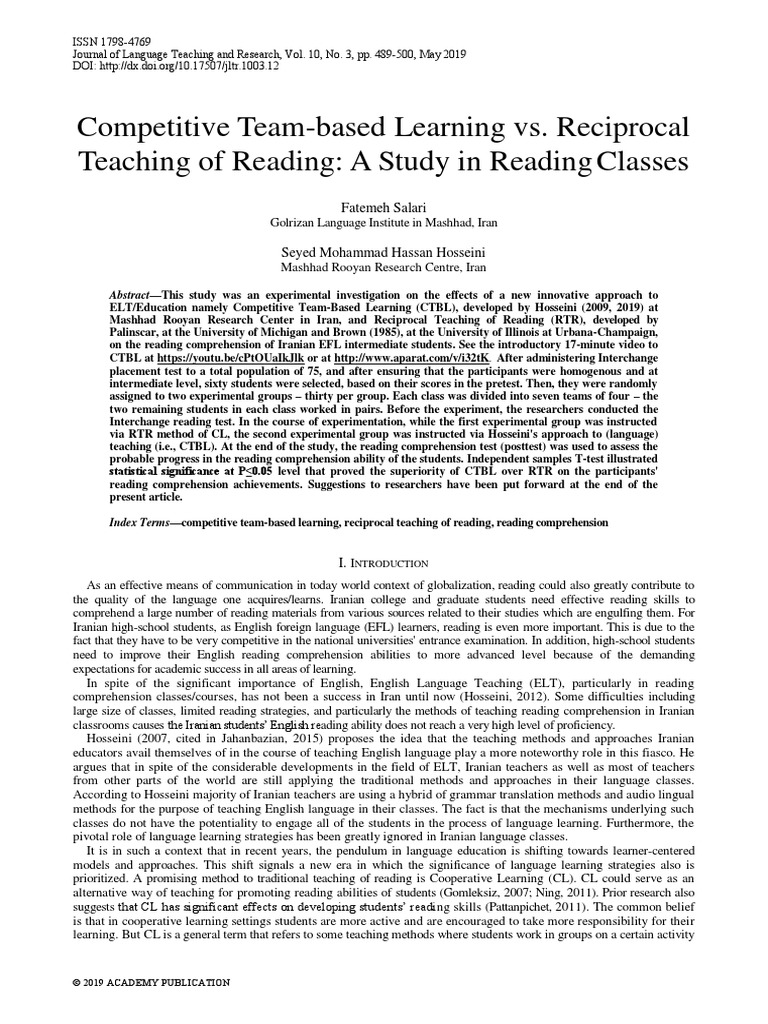 Competitive Team Based Learning Versus Reciprocal Teaching of Reading ... Competitive Team Based Learning Versus Reciprocal Teaching of Reading ...