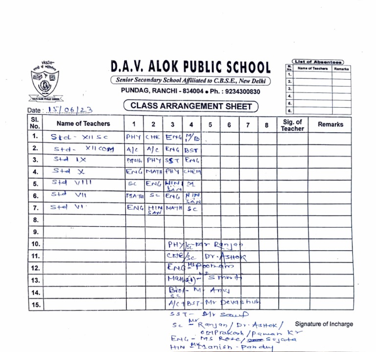 School Class Arrangement Sheet | PDF