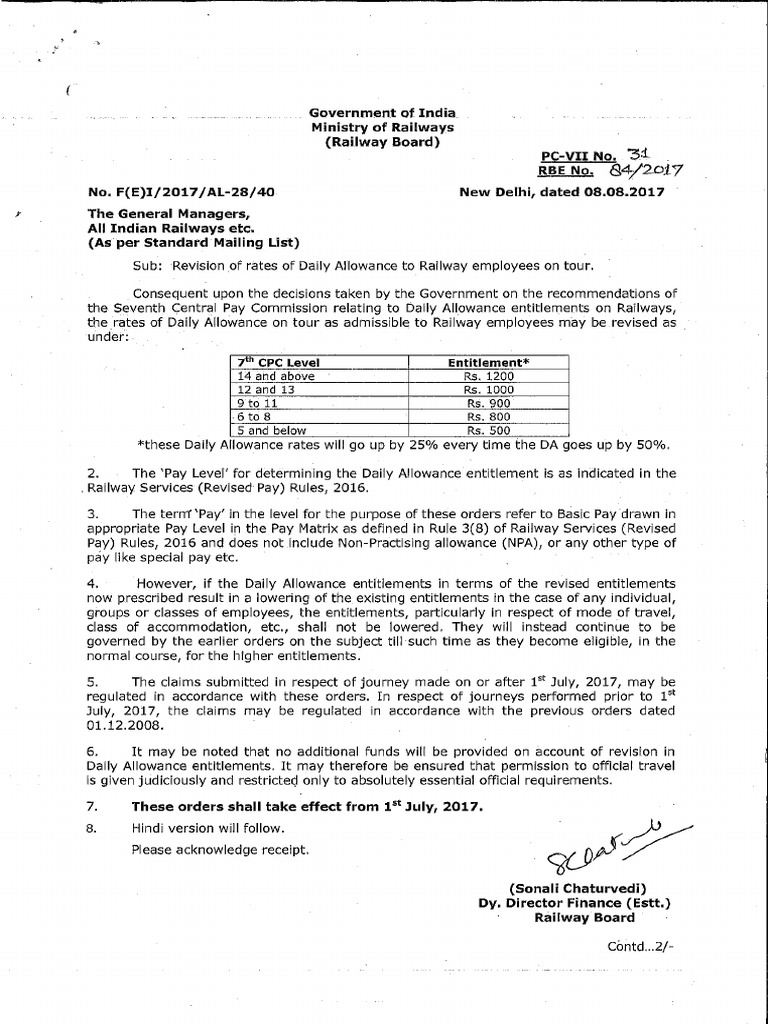Daily Allowances RevisionRBE - 84 - 2017 | PDF