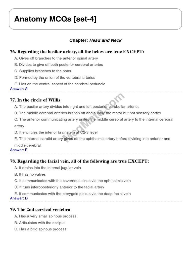Anatomy (Chapter - Head and Neck) Solved MCQs (Set-4) | PDF Anatomy (Chapter - Head and Neck) Solved MCQs (Set-4) | PDF
