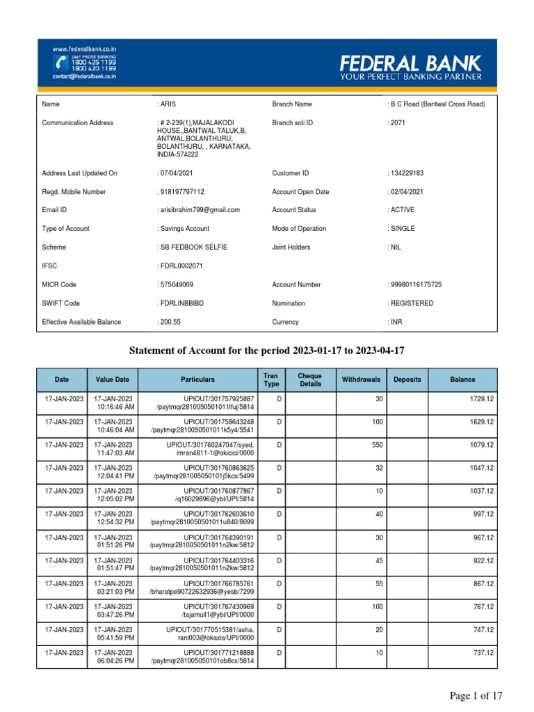 Fedbook Savings Account Statement | PDF | Cheque | Personal Finance