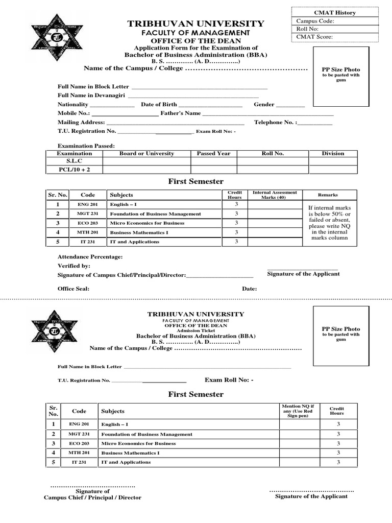 Exam Form For BBA BBM and BIM 1st Sem New Course | PDF | Science