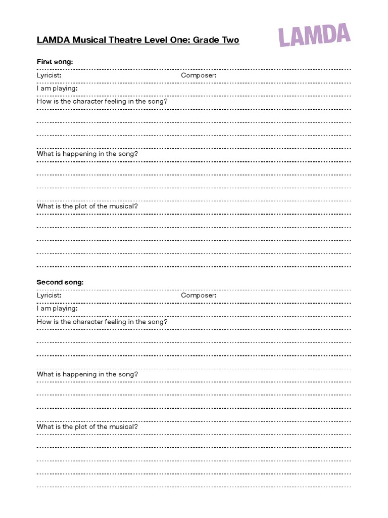 LAMDA Musical Theatre Grade Two Theory Sheet PDF | PDF