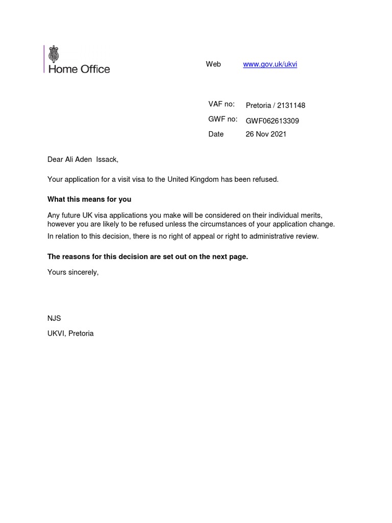 Visit NRA Refusal Letter Template v1.0 20211126123237 | PDF | Travel ...