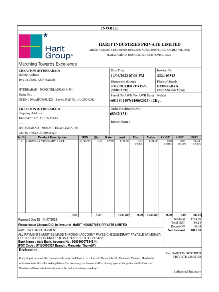 Harit Industries Private Limited: Invoice | PDF | Cheque | Payments