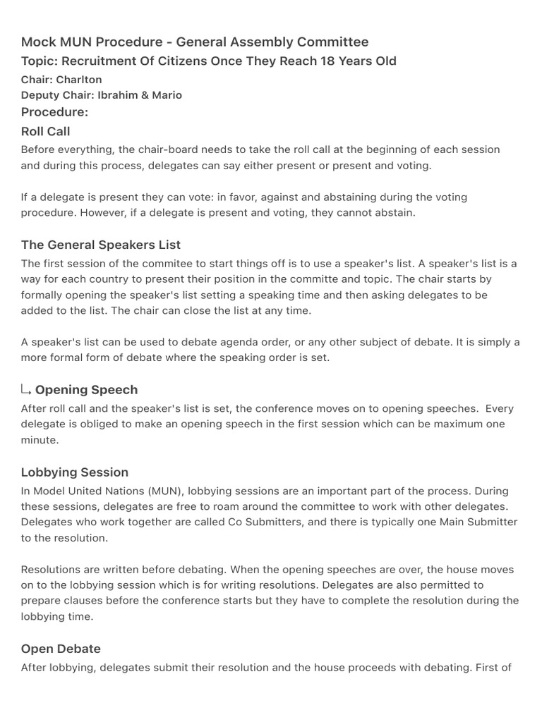 Mock MUN Procedure - General Assembly Committee | PDF