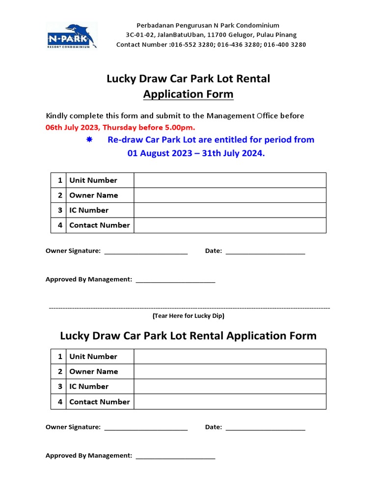 Lucky Draw Car Park Apllication Form | PDF