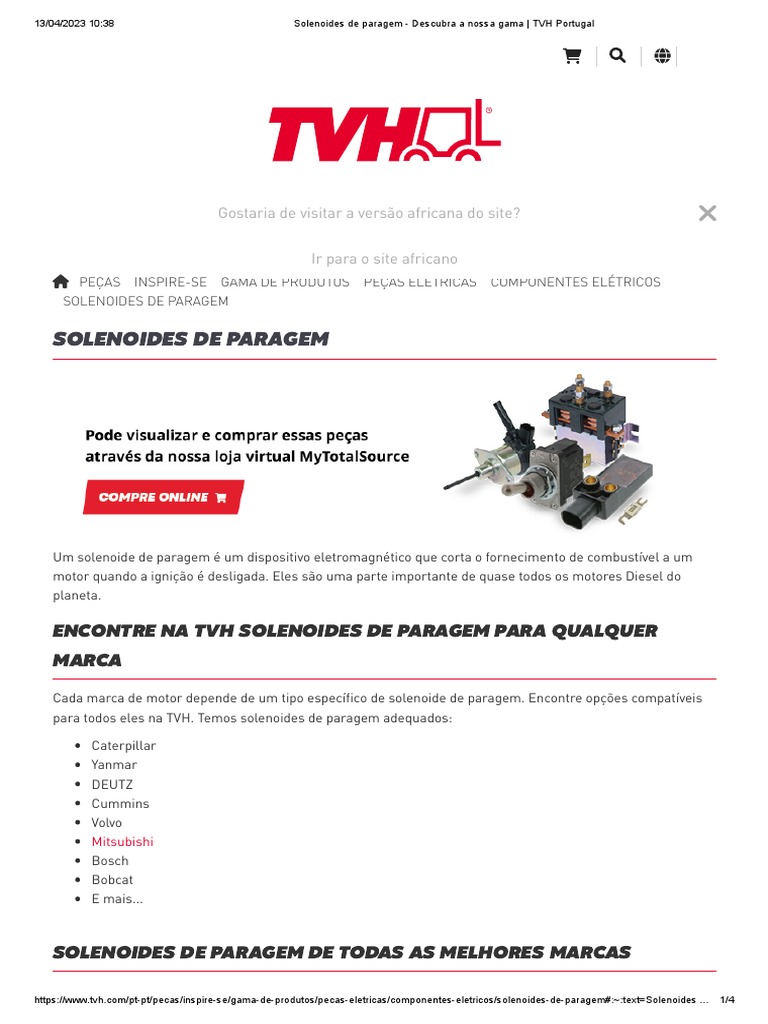 Solenoides de Paragem - Descubra A Nossa Gama - TVH Portugal | PDF | Motores