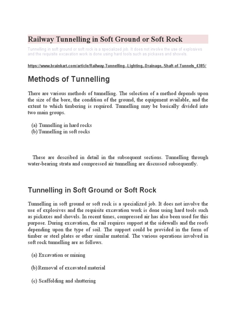 Railway Tunnelling in Soft Ground or Soft Rock | PDF | Tunnel | Concrete