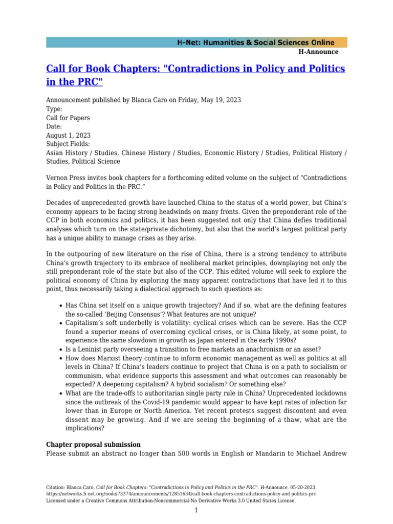 H-Net - Call For Book Chapters - " Contradictions in Policy and Politics in The PRC" - 2023-05 ...