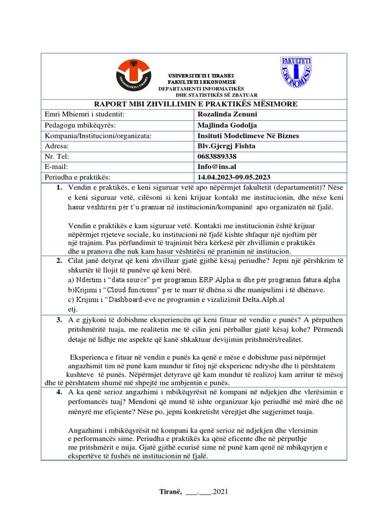 Formular Raporti Përfundimtar Praktika Mësimore Bachelor | PDF