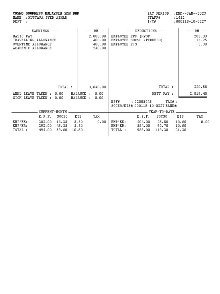 Cosmo Payslip Jan 2023 - 019 | PDF