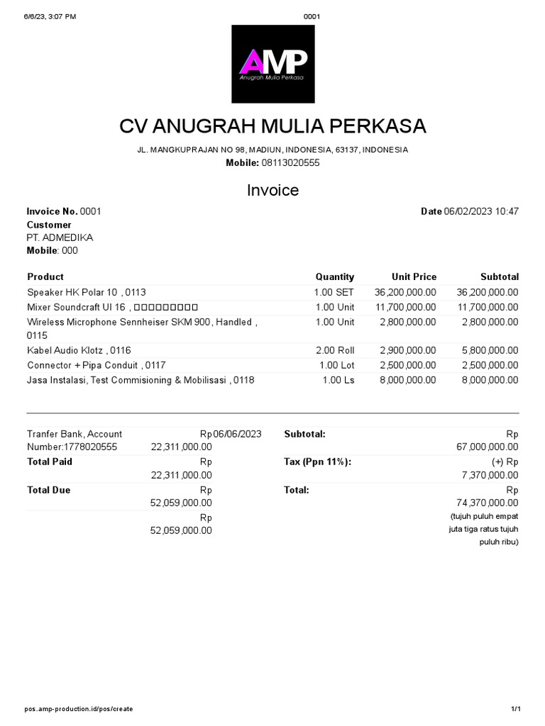 CV Anugrah Mulia Perkasa: Invoice | PDF