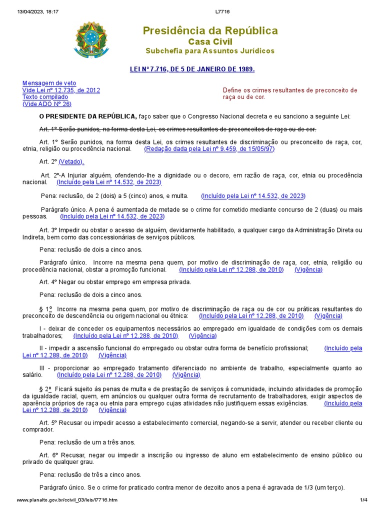 Lei 7.716/1989: Crimes de Preconceito Racial | PDF | Crimes | Crime e ...