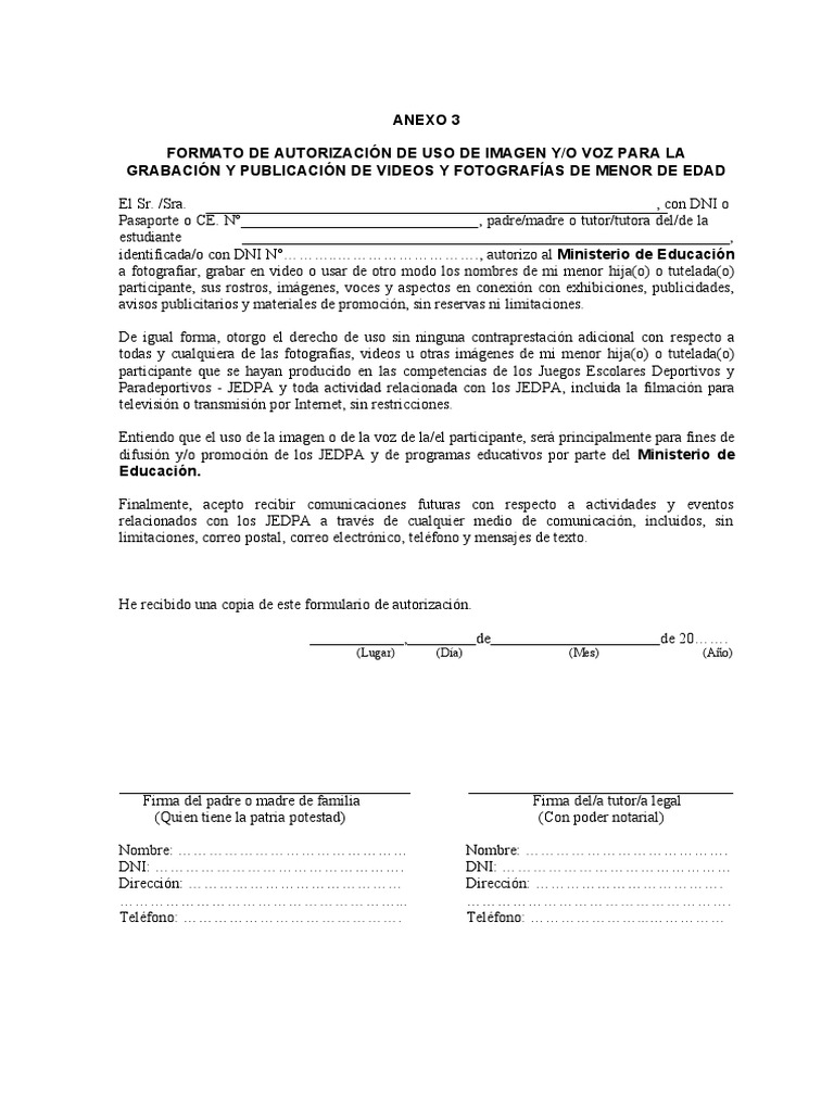 Anexo 3 - Formato de Autorización de Uso de Imagen | PDF Anexo 3 - Formato de Autorización de Uso de Imagen | PDF