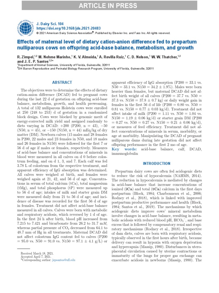 Effects of Maternal Level of Dietary Cation-Anion Difference Fed To ...