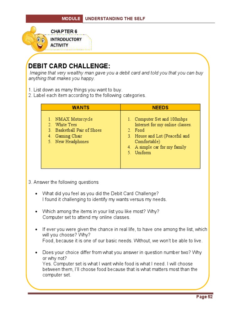 Debit Card Challenge: Wants vs. Needs | PDF | Sports & Recreation ...
