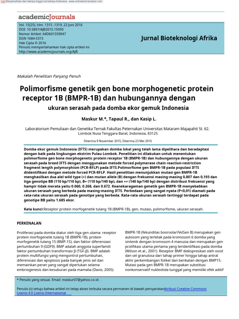 Translate Genetic Polymorphism of Bone Morphogenetic Protein - En.id | PDF | Wellness