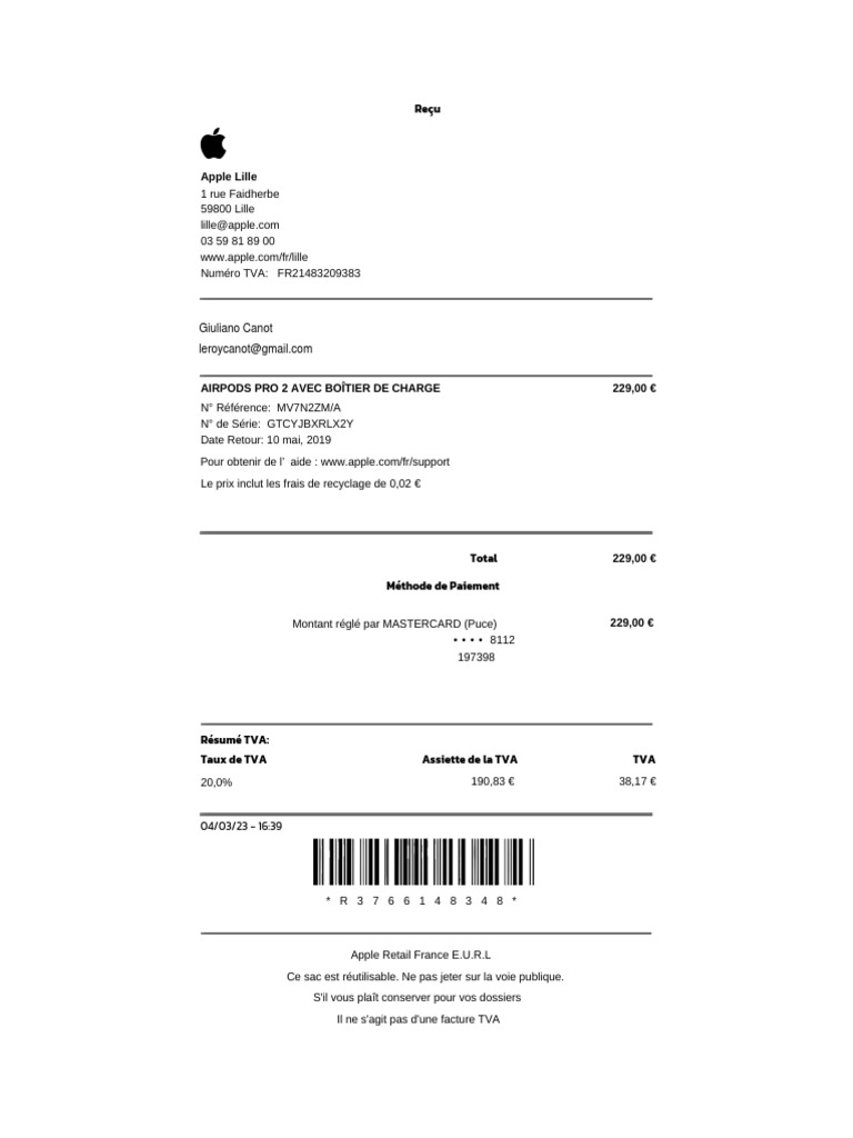Facture Apple Airpods Pro 2 | PDF