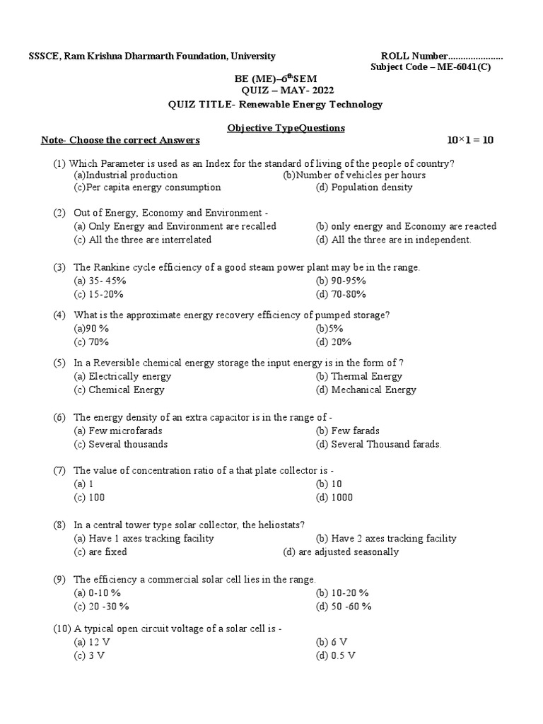 Renewable Energy Technology Quiz 2022 | PDF | Renewable Energy | Energy ...