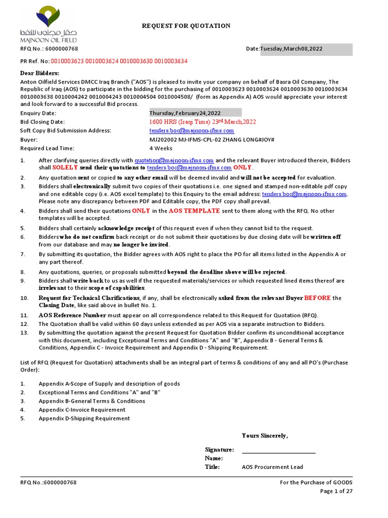 Basra Oil Company RFQ for Goods | PDF
