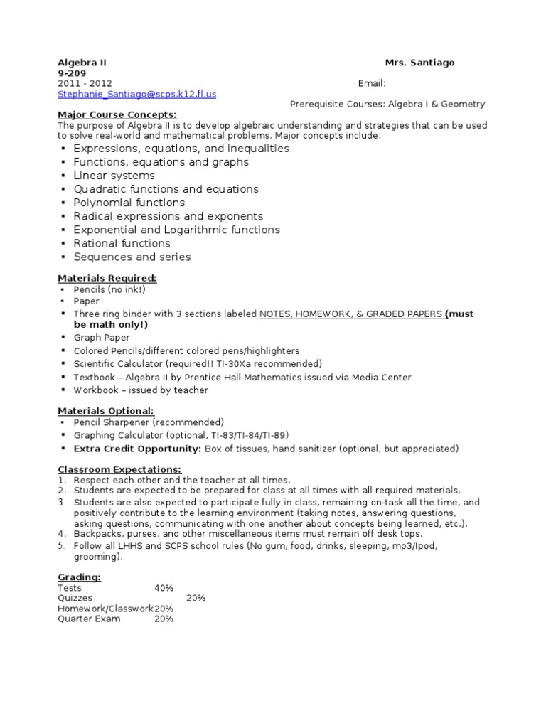 Algebra II Syllabus | PDF | Syllabus | Equations