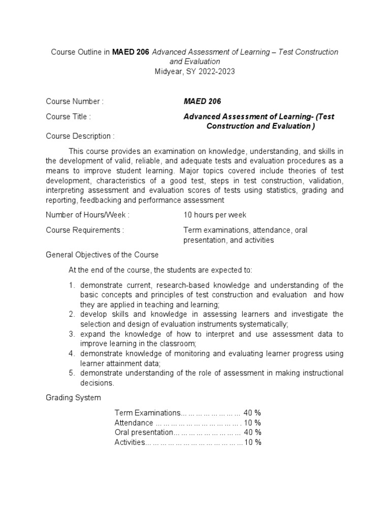 Course-Outline-in-MAED-206-Advanced-Assessment-of-Learning-2022N | PDF ...