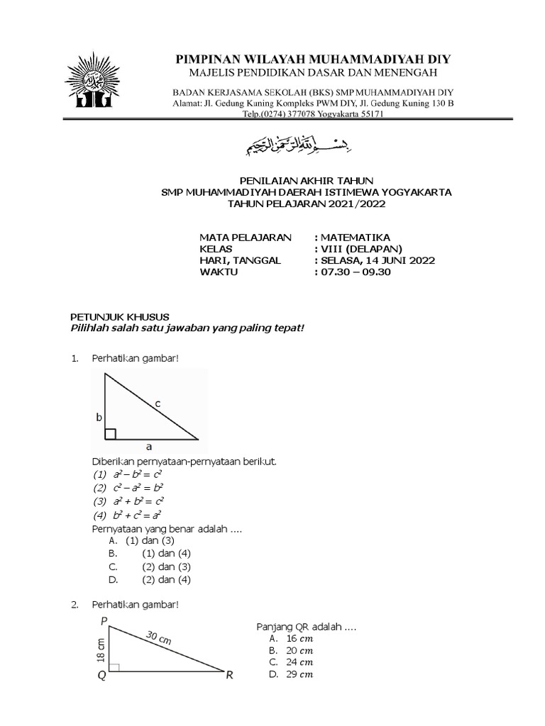 Form Soal Pat Matematika Kelas 8 BKS Muh Diy 2021-2022 Fix Final | PDF