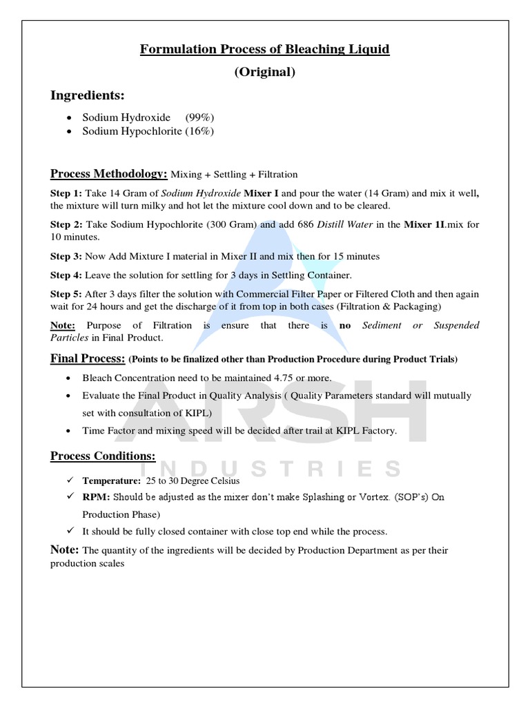 Formulation Process of Bleaching Liquid (Orginal Recipe) ) | PDF