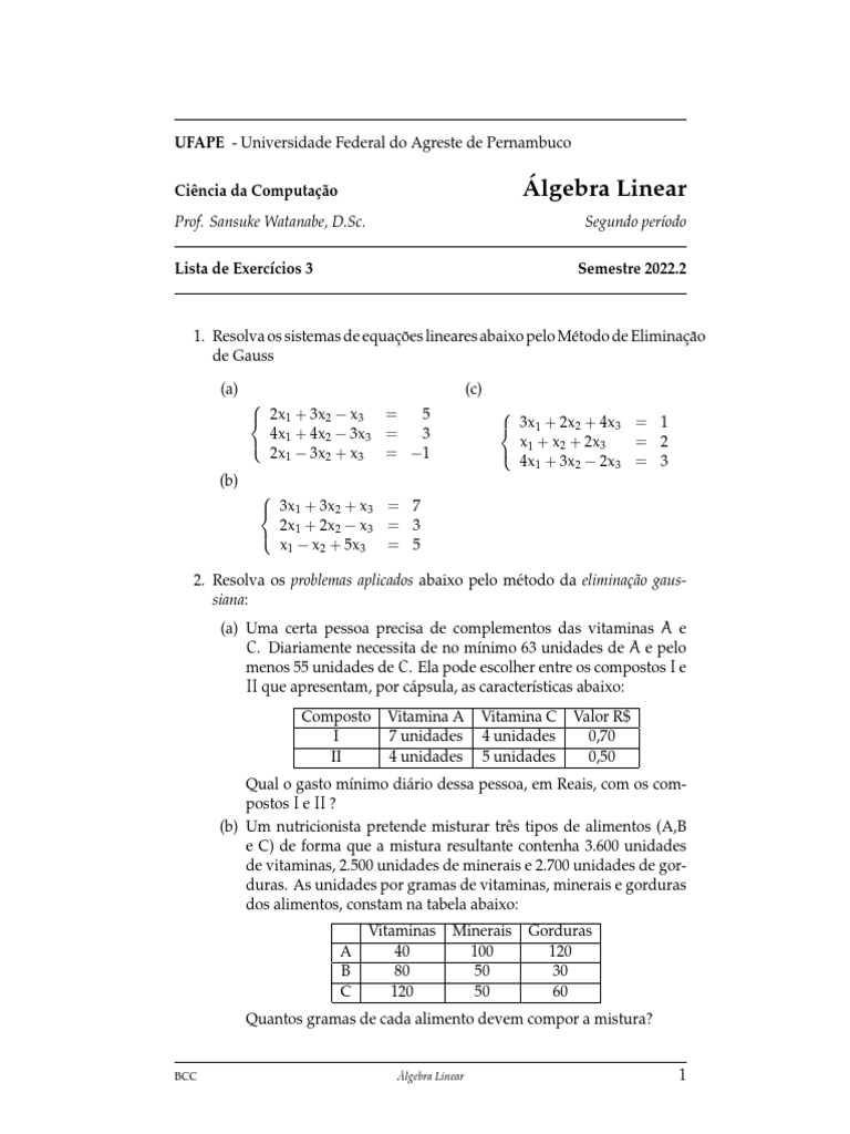 Lista de Exercícios de Álgebra Linear | PDF