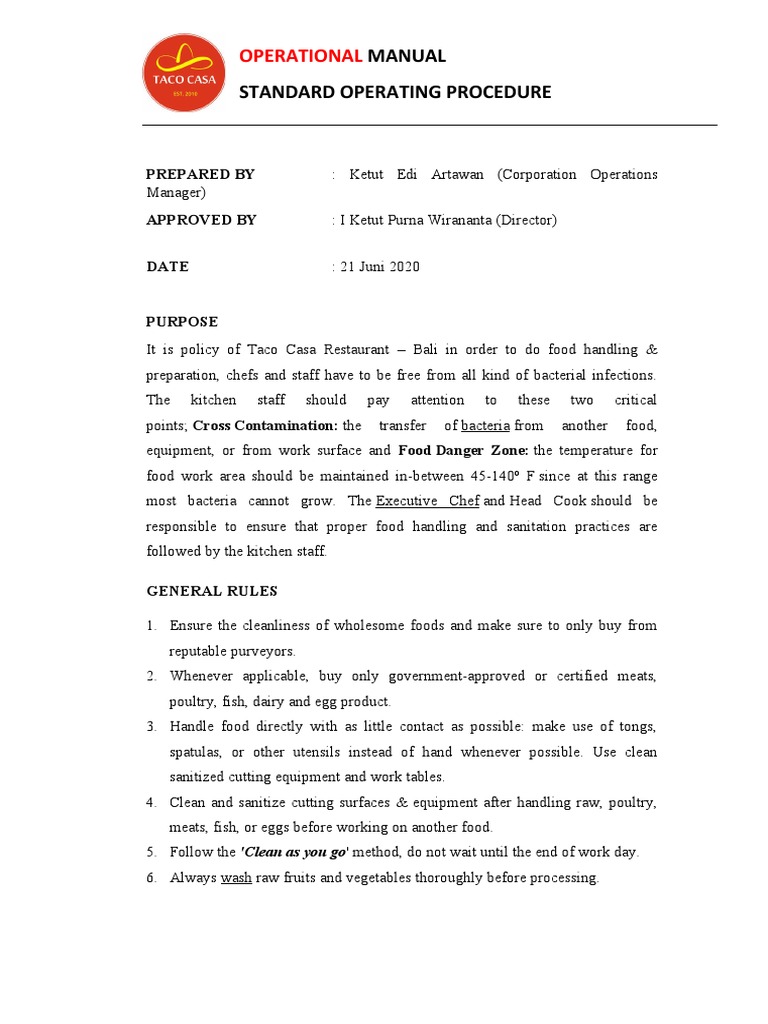 Lampiran 7 SOP-Food Handling Taco Casa | PDF | Tableware | Chef