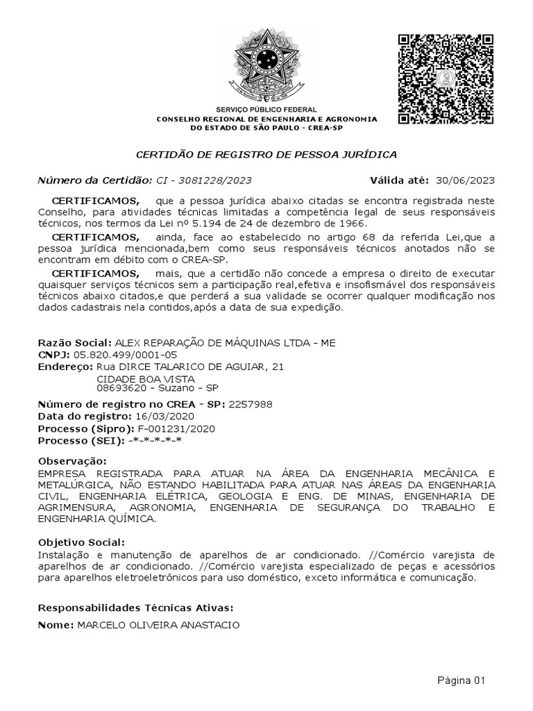 Certidão de Registro CREA-SP 2023 | PDF | Finanças e Administração de ...
