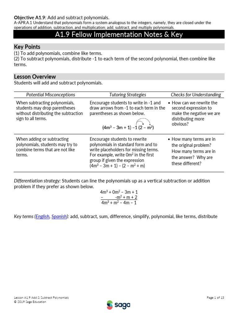 A1.9 Add & Subtract Polynomials | PDF | Polynomial | Arithmetic