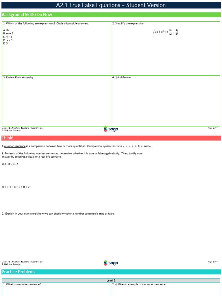 A2.1 True False Equations - Student Version | PDF | Numbers | Equations