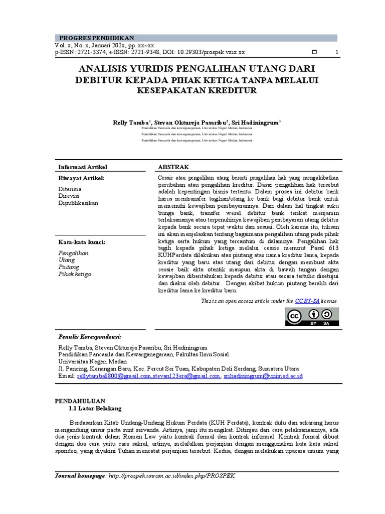 Analisis Yuridis Pengalihan Utang Dari Debitur Kepada Pihak Ketiga ...
