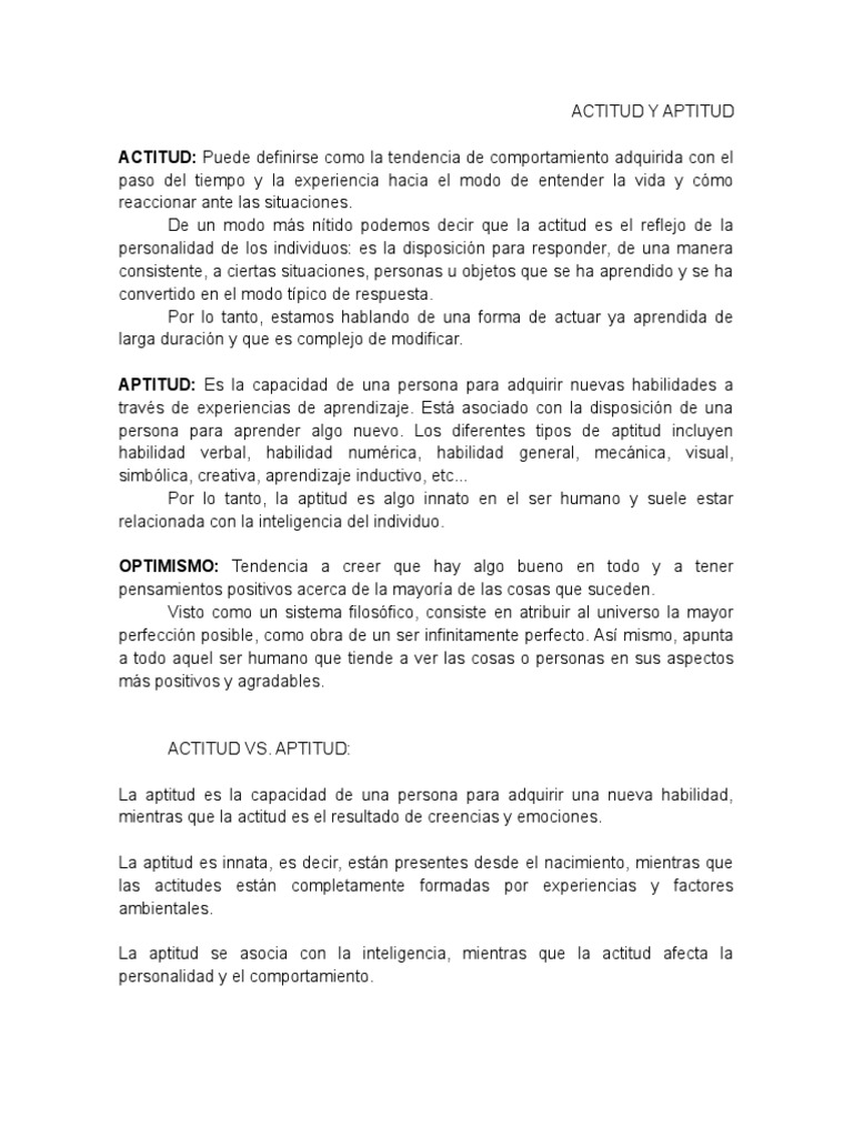 Diferencias entre Actitud y Aptitud | PDF | Actitud (psicología ...