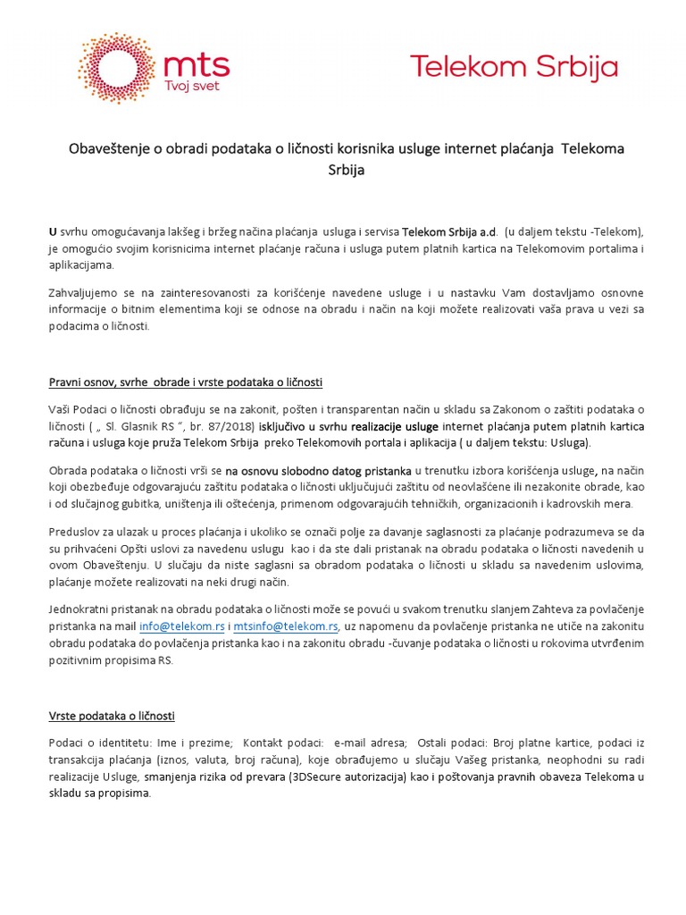Obavestenje o Obradi Podataka o Licnosti Korisnika Usluge Internet ...