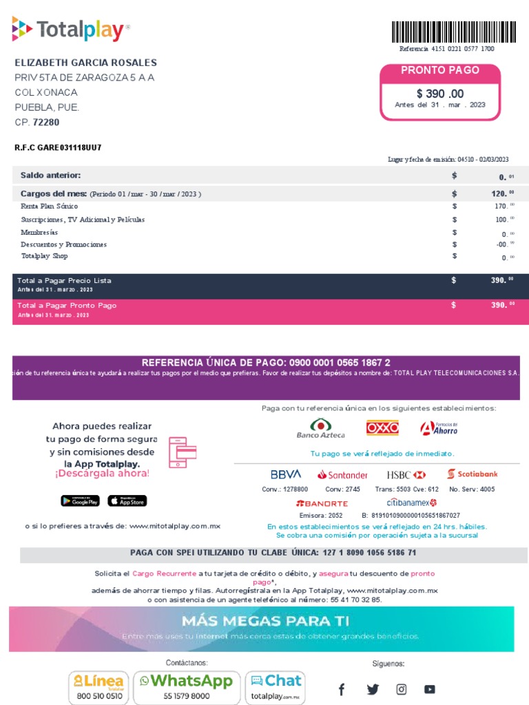 Total Play Plantilla Recibo | PDF | Bancario | Industrias de servicio
