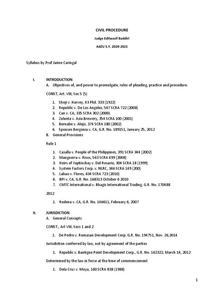CIVIL-PROCEDURE-SYLLABUS-2020-2021 | PDF | Common Law | Legal Procedure