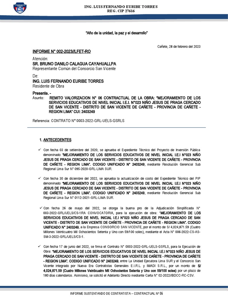 Informe Residente Val 6 | PDF