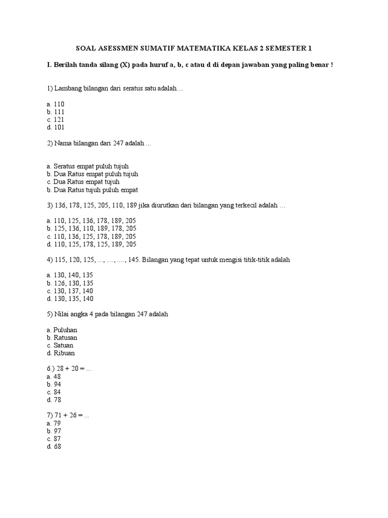 Asesmen Sumatif Matematika Kelas 2 Semester 1 | PDF