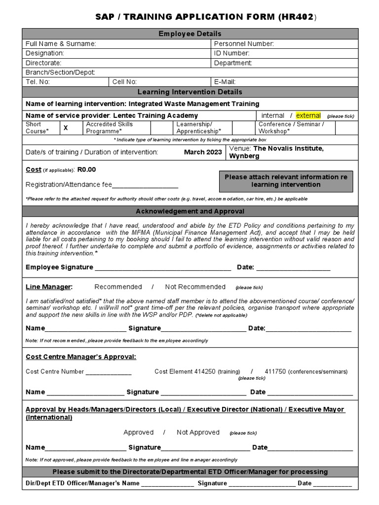 HR 402 Form - Training - Integrated Waste Management | PDF | Career ...