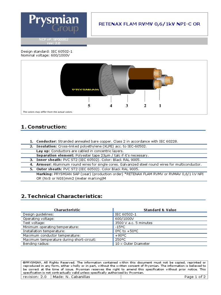 Construction:: Retenax Flam RVMV 0,6/1Kv Npi-C or | PDF ...
