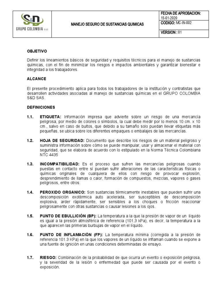 MC-InS-002 Manejo Seguro de Sustancias Quimicas | PDF | Agua | Combustión MC-InS-002 Manejo Seguro de Sustancias Quimicas | PDF | Agua | Combustión
