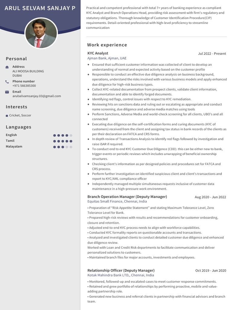 Arul Selvam Sanjay CV | PDF | Banks | Due Diligence