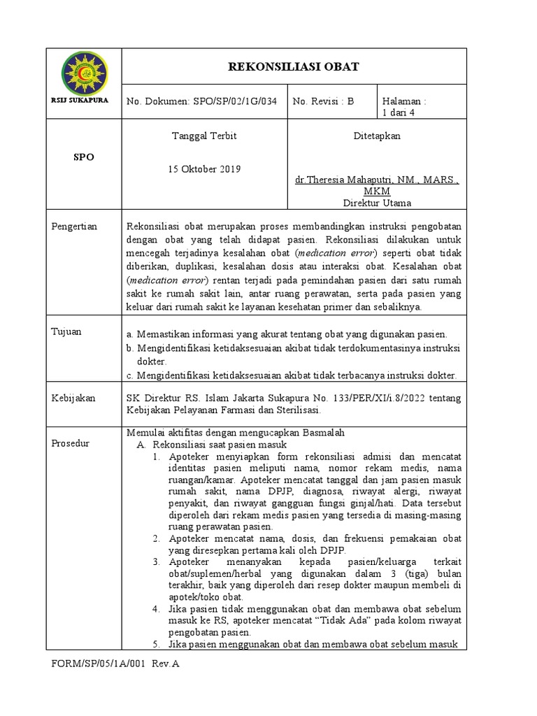 SPO Rekonsiliasi Obat | PDF