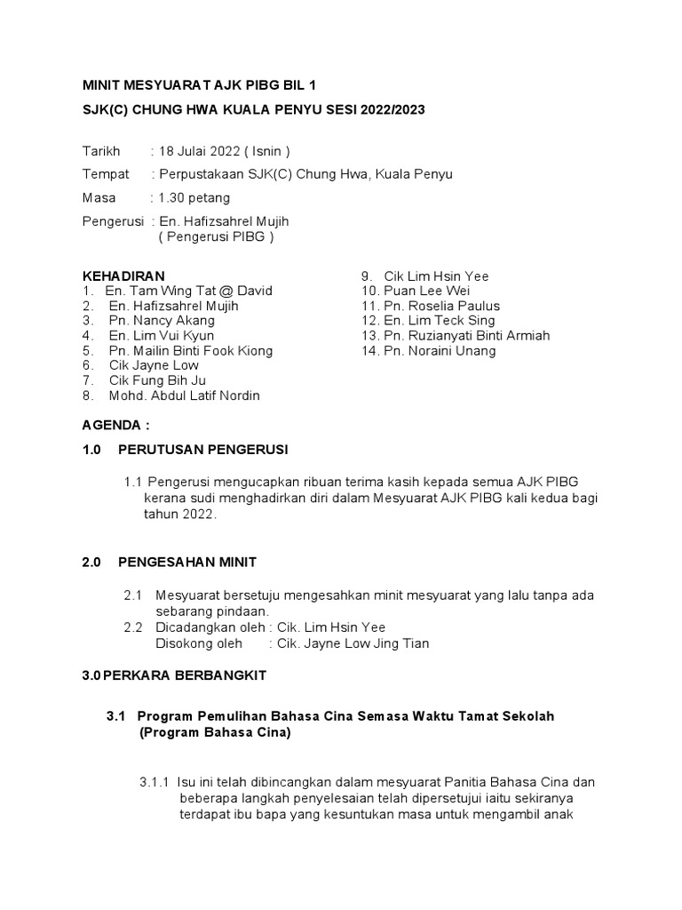 MINIT MESYUARAT AJK PIBG BIL 2 (2022-2023) Rev1 | PDF