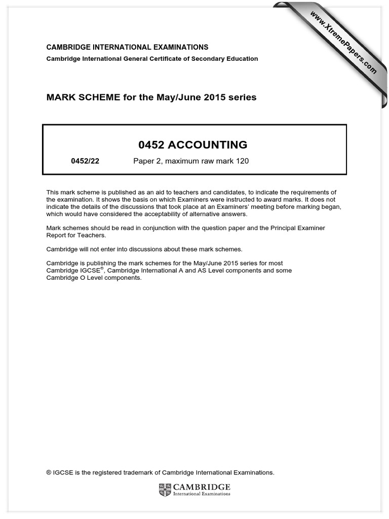 0452 Accounting: MARK SCHEME For The May/June 2015 Series | PDF