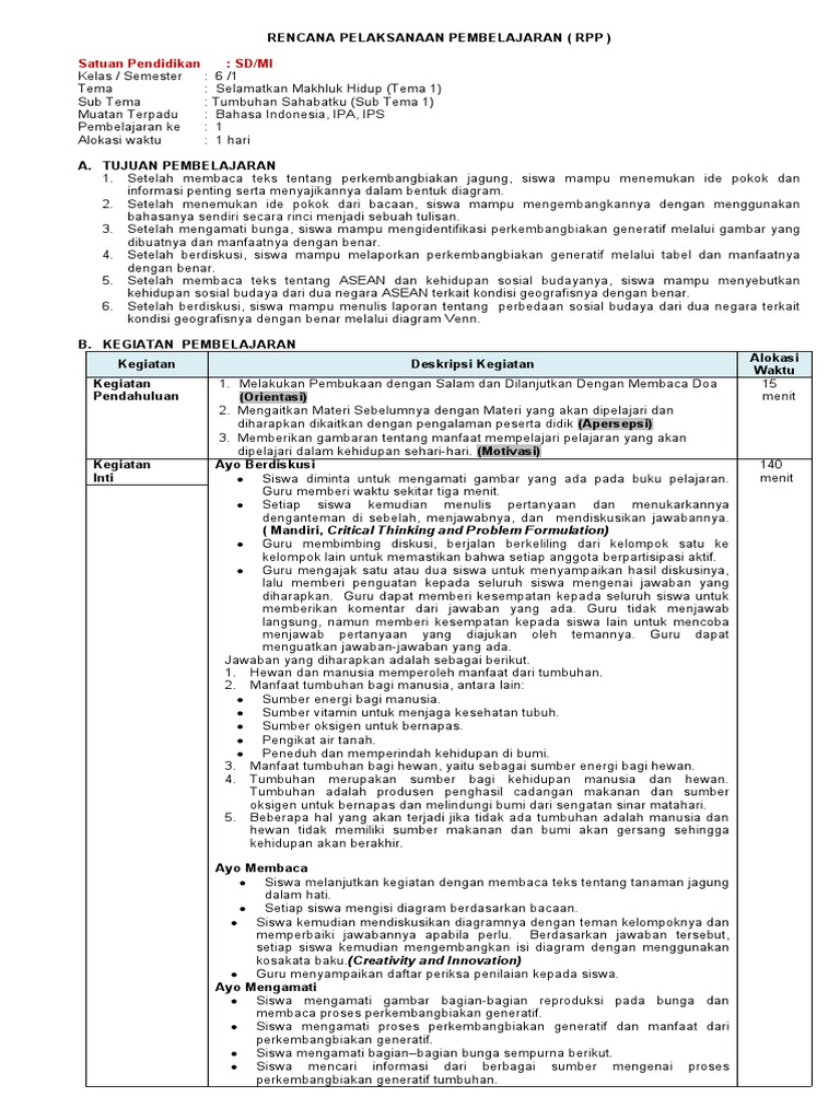RPP Tema 1 Sub Tema 1 Pembelajaran 1 | PDF