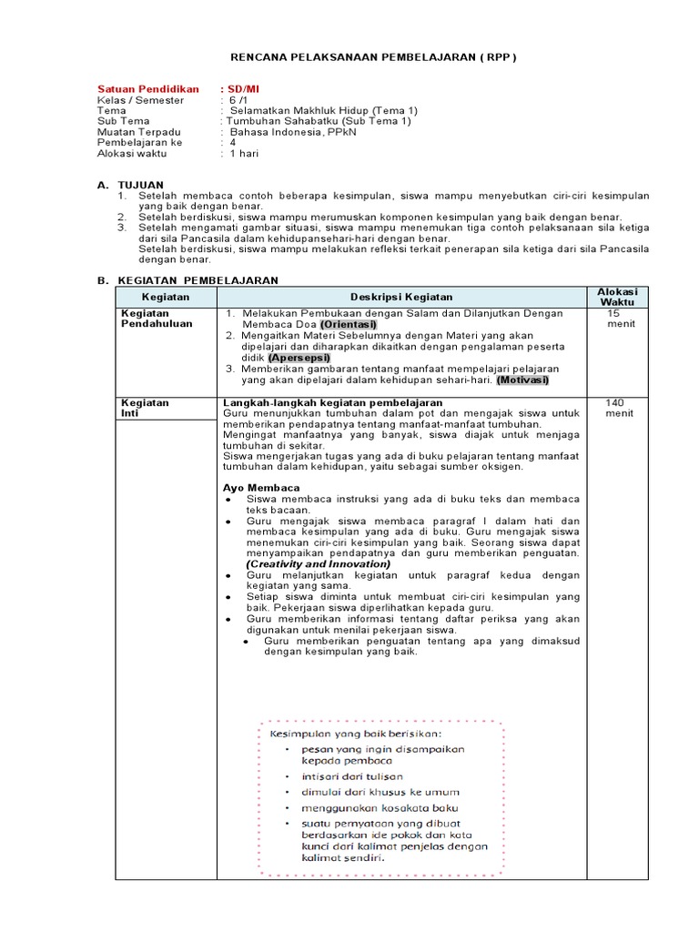 RPP Tema 1 Sub Tema 1 Pembelajaran 4 | PDF